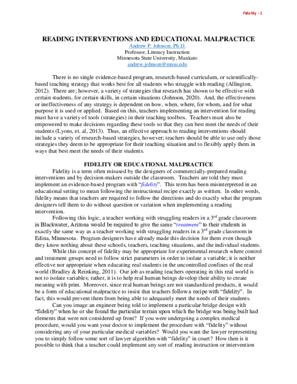 (PDF) READING INTERVENTIONS AND EDUCATIONAL MALPRACTICE