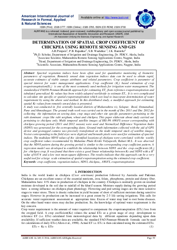 (PDF) DETERMINATION OF SPATIAL CROP COEFFICIENT OF CHICKPEA USING REMOTE SENSING AND GIS