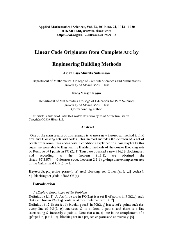 (PDF) Linear Code Originates from Complete Arc by Engineering Building ...