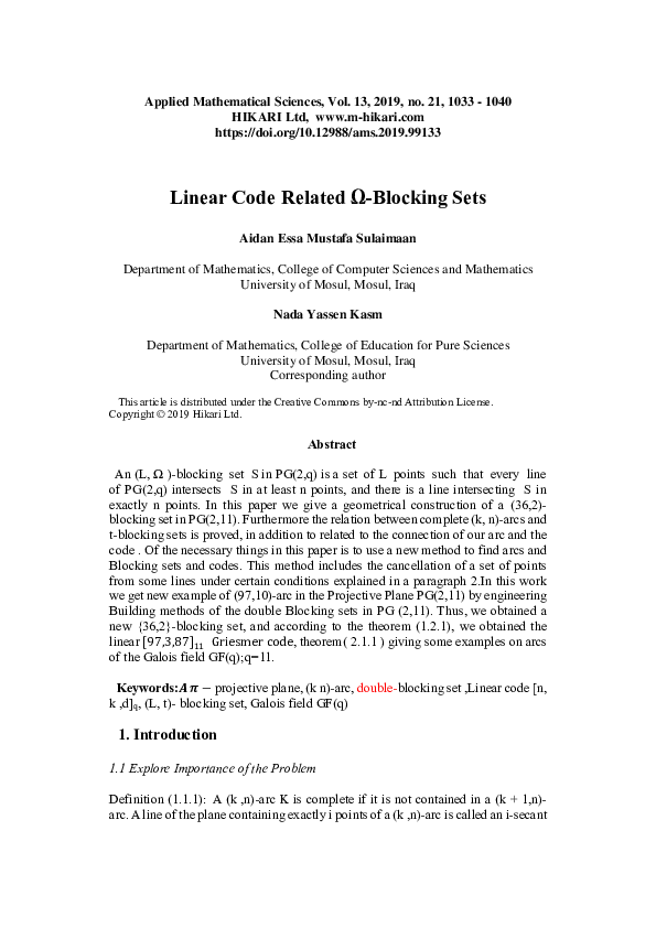 (PDF) Linear Code Related Ω-Blocking Sets