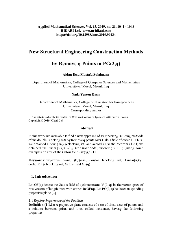 (PDF) New Structural Engineering Construction Methods by Remove q Points in PG(2,q) | Nada ...