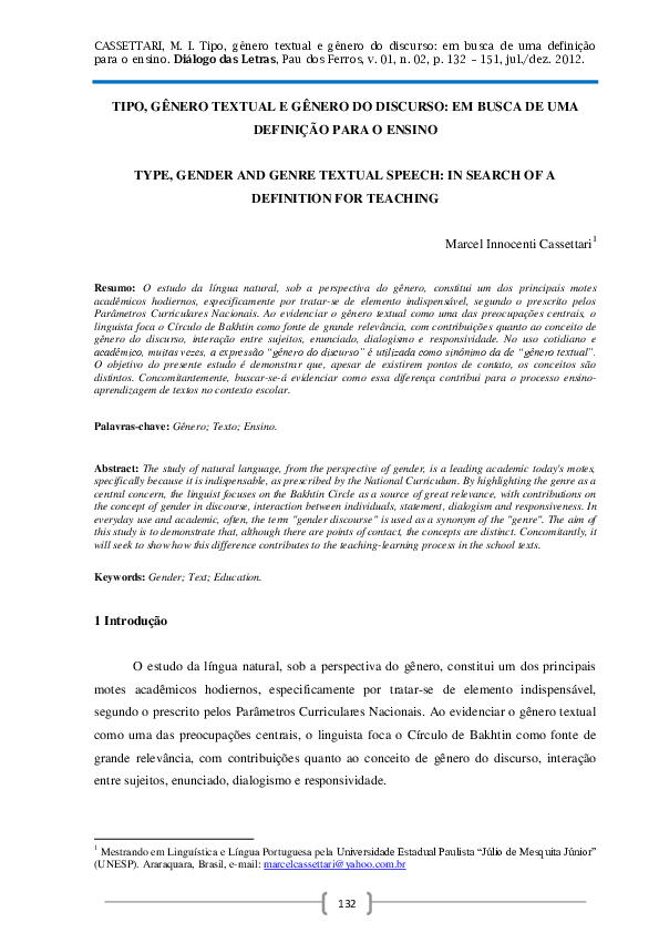 (PDF) TIPO, GÊNERO TEXTUAL E GÊNERO DO DISCURSO: EM BUSCA DE UMA ...