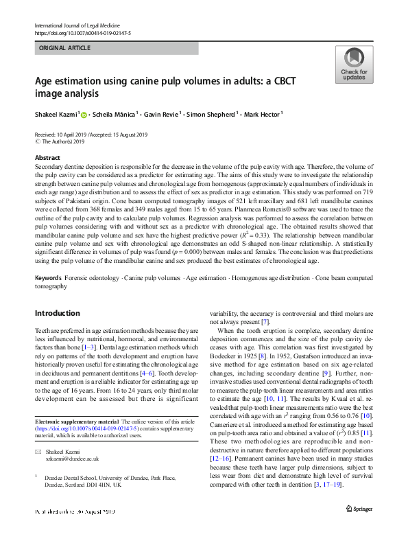 (PDF) Age estimation using canine pulp volumes in adults: a CBCT image ...