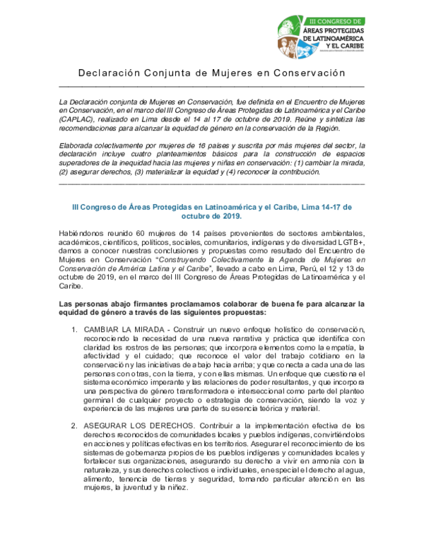 (PDF) Declaración Conjunta de Mujeres en Conservación ALC 2019