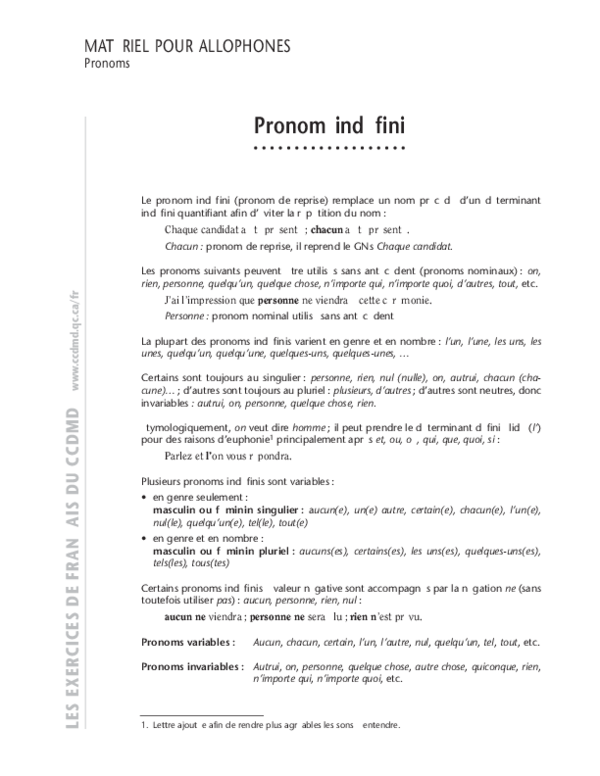 (PDF) Pronom indéfini MATÉRIEL POUR ALLOPHONES Pronoms
