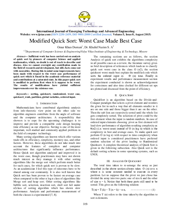 (PDF) Modified Quick Sort: Worst Case Made Best Case