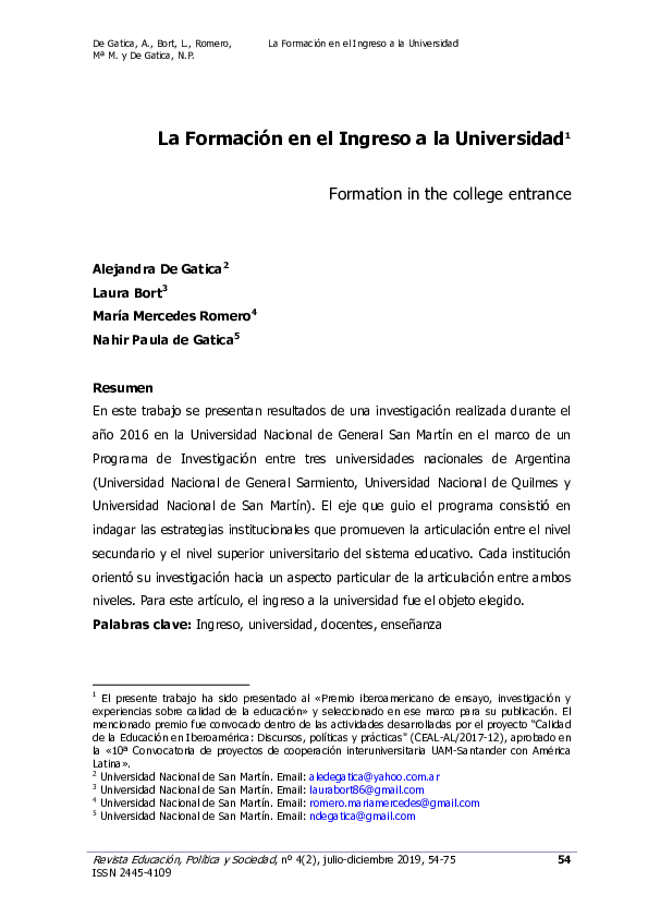 (PDF) La Formación en el Ingreso a la Universidad