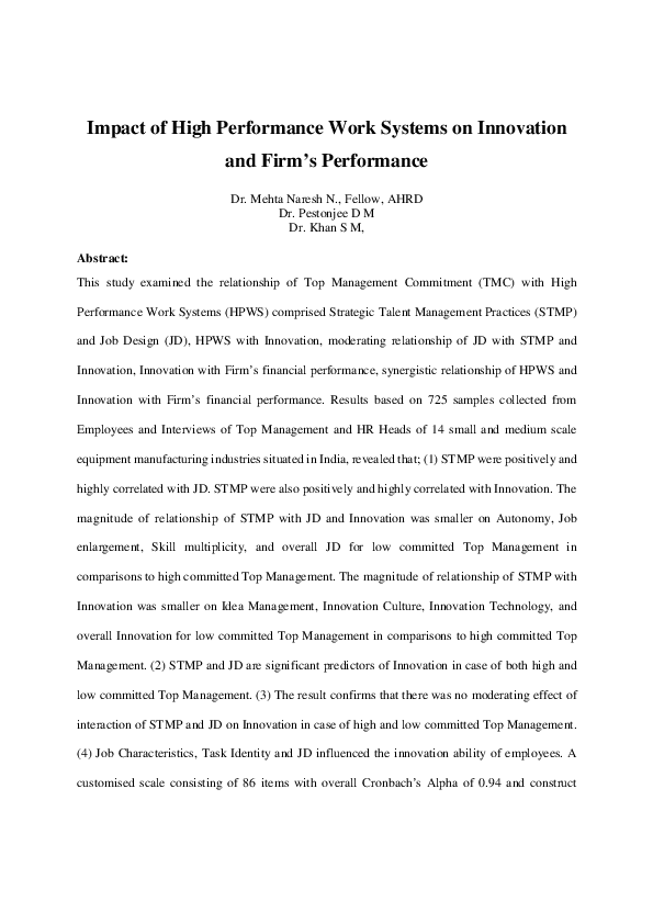(PDF) Impact of High Performance Work Systems on Innovation and Firm's ...