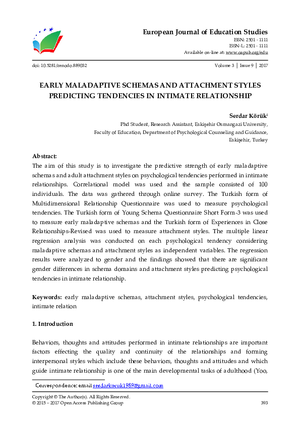 (PDF) EARLY MALADAPTIVE SCHEMAS AND ATTACHMENT STYLES PREDICTING TENDENCIES IN INTIMATE RELATIONSHIP