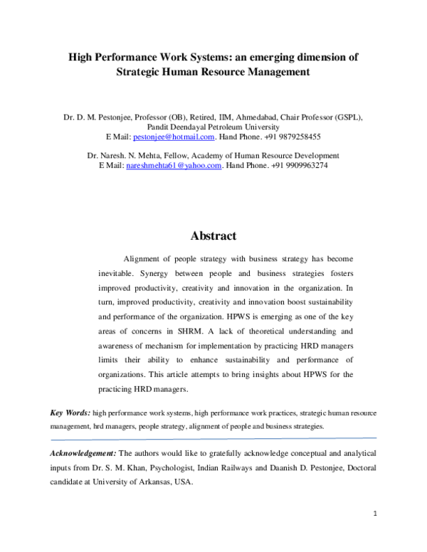 (PDF) High Performance Work Systems: an emerging dimension of Strategic ...