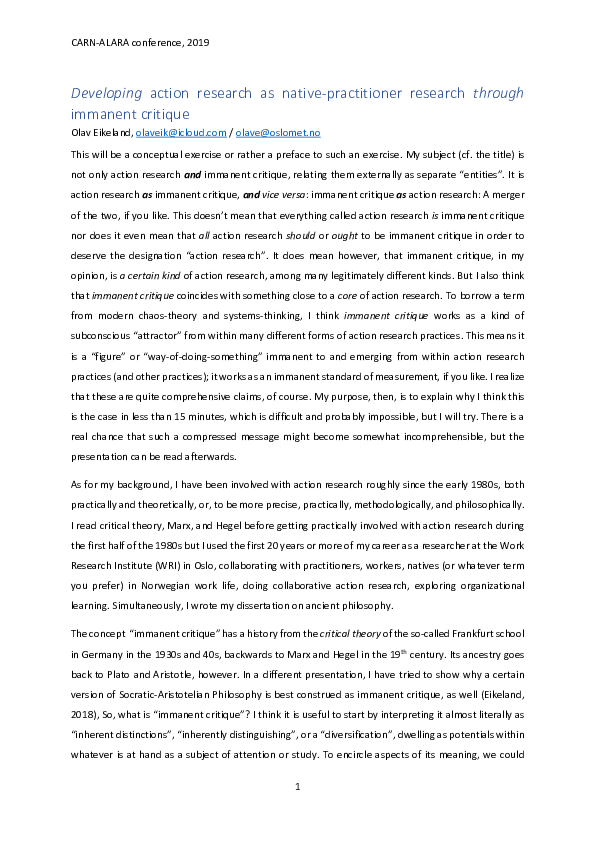 (PDF) CARN presentation 2019 AR as native practitioner research and ...