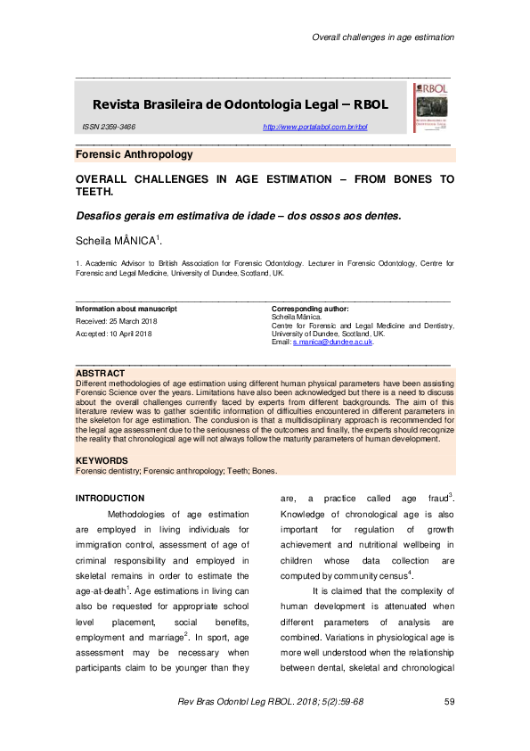 (PDF) OVERALL CHALLENGES IN AGE ESTIMATION – FROM BONES TO TEETH.