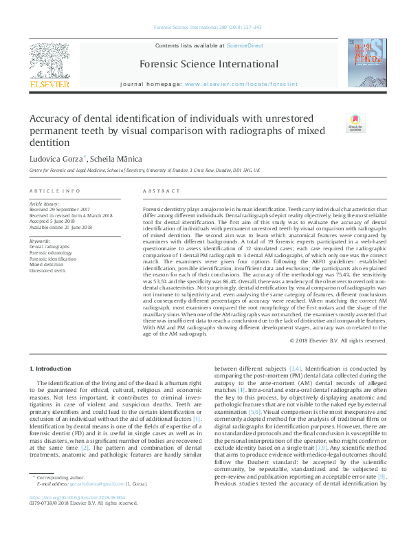 (PDF) Accuracy of dental identification of individuals with unrestored ...