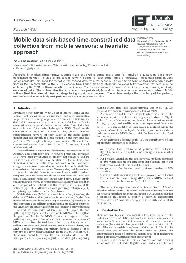 Pdf Mobile Data Sink Based Time Constrained Data Collection From Mobile Sensors A Heuristic