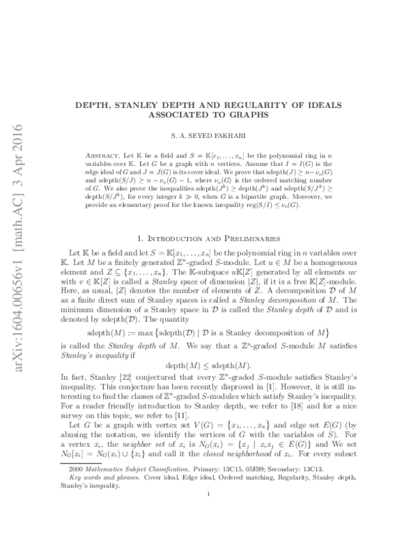 (PDF) DEPTH, STANLEY DEPTH AND REGULARITY OF IDEALS ASSOCIATED TO GRAPHS