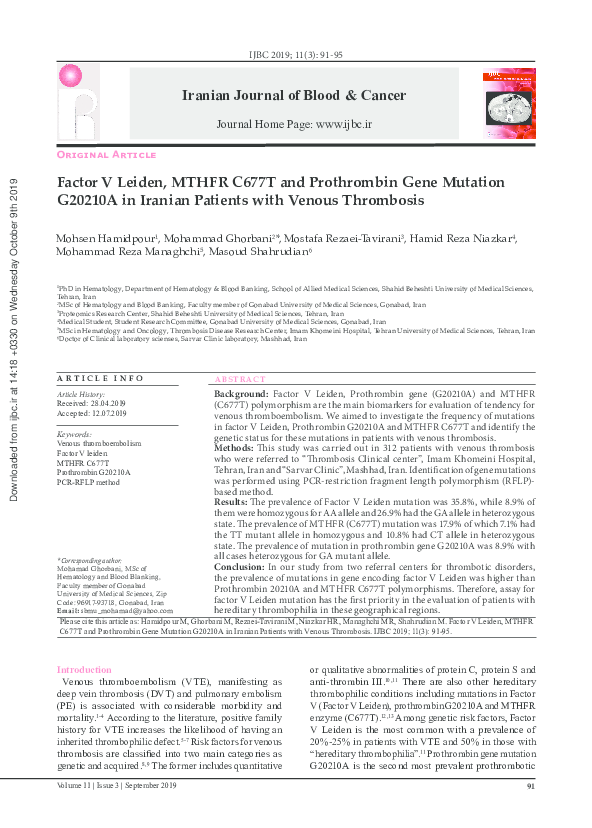 (PDF) Factor V Leiden, MTHFR C677T and Prothrombin Gene Mutation G20210A in Iranian Patients ...