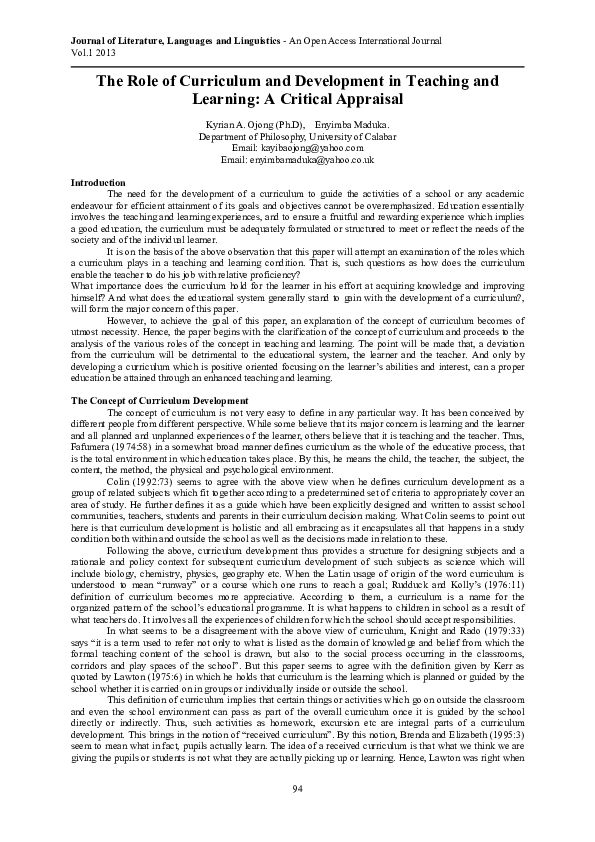 (PDF) The Role of Curriculum and Development in Teaching and Learning ...