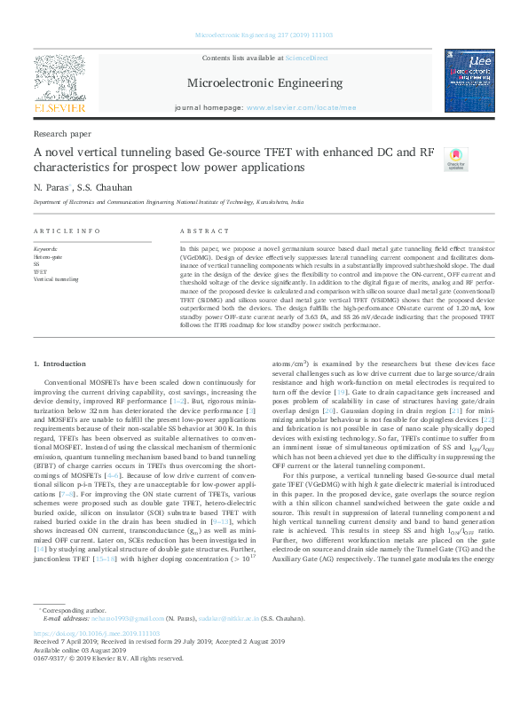 Pdf A Novel Vertical Tunneling Based Ge Source Tfet With Enhanced Dc And Rf Characteristics