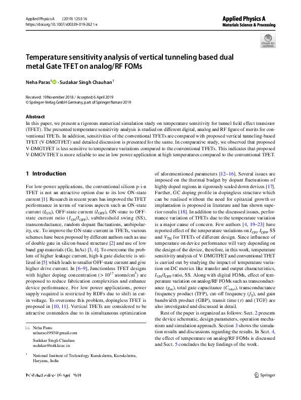 (PDF) Temperature sensitivity analysis of vertical tunneling based dual metal Gate TFET on ...