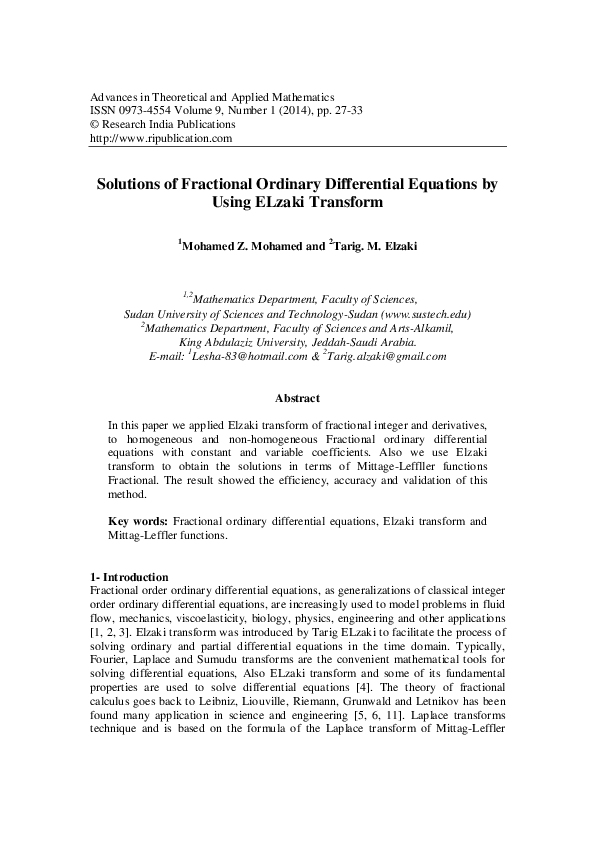 Pdf Solutions Of Fractional Ordinary Differential Equations By Using Elzaki Transform