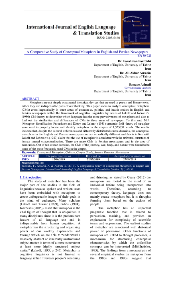 A Comparative Study of Conceptual Metaphors in English and Persian ... A Comparative Study of Conceptual Metaphors in English and Persian ...