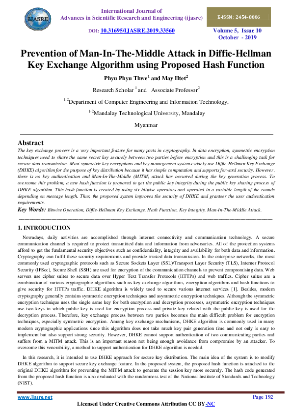 (PDF) Prevention of Man-In-The-Middle Attack in Diffie-Hellman Key Exchange Algorithm using ...