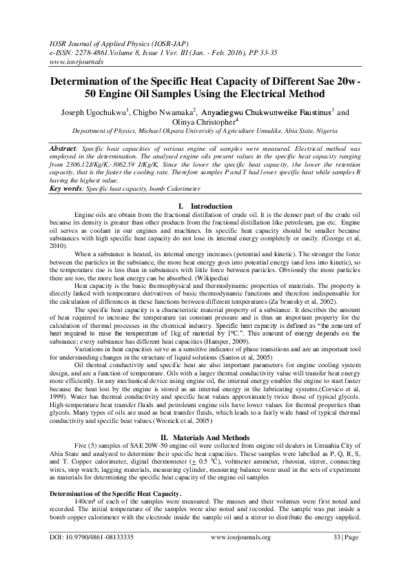 (PDF) Determination of the Specific Heat Capacity of Different Sae 20w ...