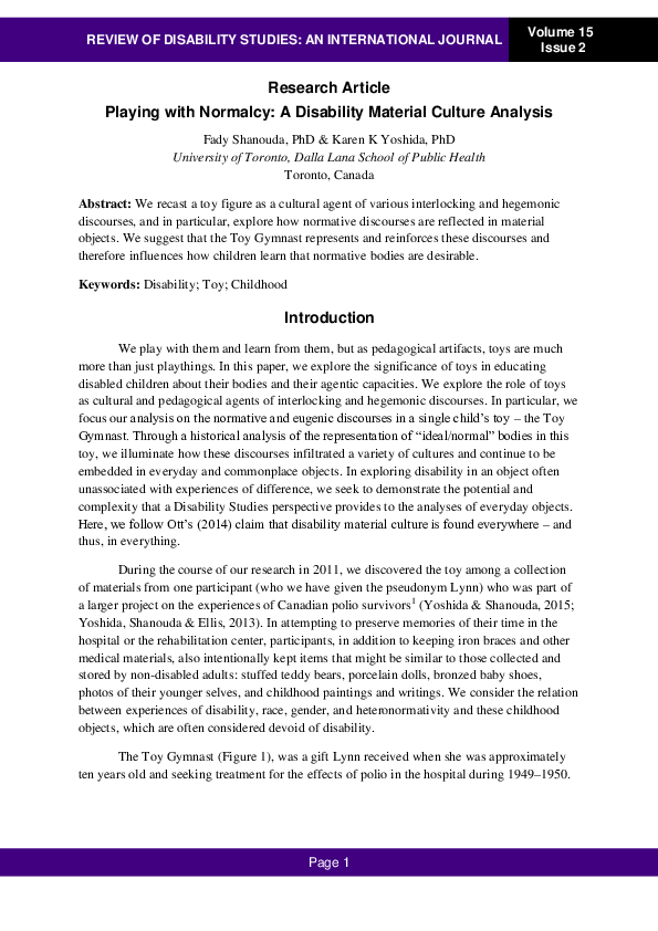 (PDF) Playing with Normalcy: A Disability Material Culture Analysis ...