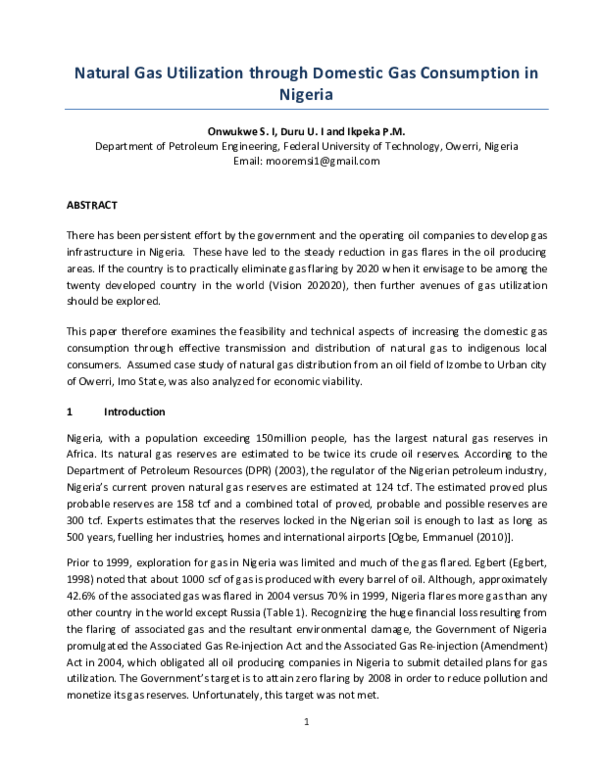 (PDF) Natural Gas Utilization through Domestic Gas Consumption in Nigeria