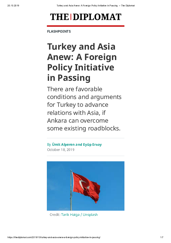 (PDF) Turkey and Asia Anew: A Foreign Policy Initiative in Passing