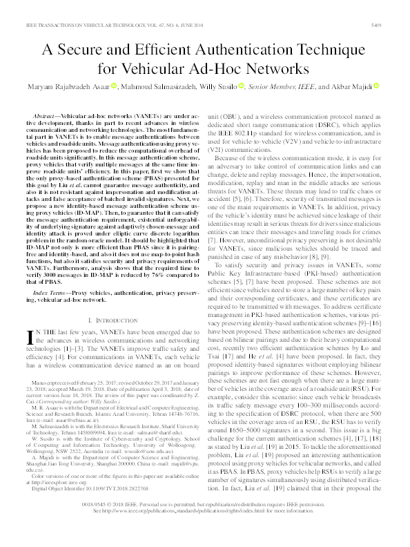 (PDF) A Secure and Efficient Authentication Technique for Vehicular Ad-Hoc Networks