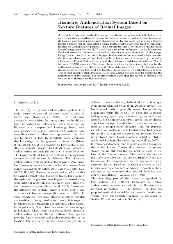 Pdf Biometric Authentication System Based On Texture Features Of Retinal Images