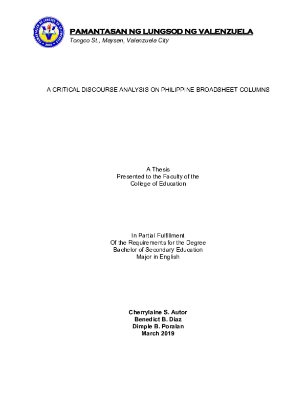 (PDF) A Critical Discourse Analysis on Philippine Broadsheet Columns