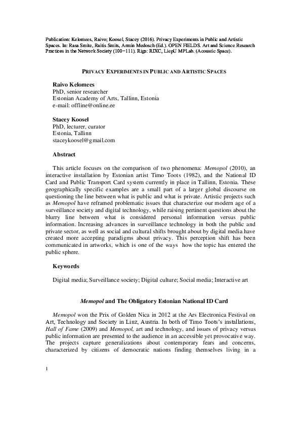 (PDF) PRIVACY EXPERIMENTS IN PUBLIC AND ARTISTIC SPACES