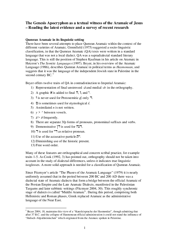 (PDF) The Genesis Apocryphon as a textual witness of the Aramaic of ...