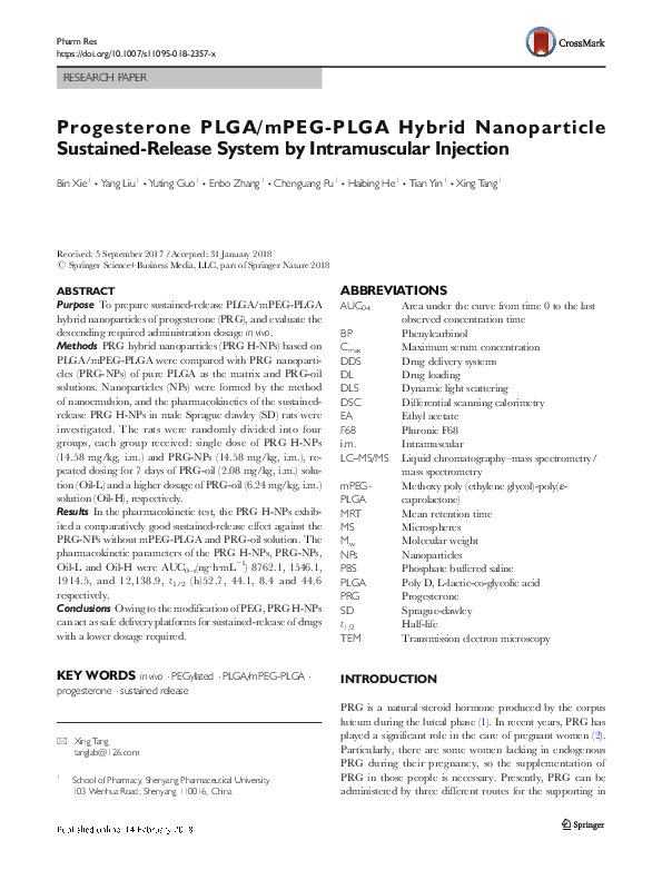 (PDF) Progesterone PLGA/mPEG-PLGA Hybrid Nanoparticle Sustained-Release System by Intramuscular ...