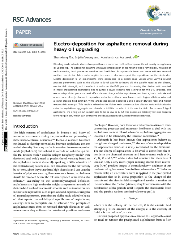 (PDF) Electro-deposition for asphaltene removal during heavy oil upgrading