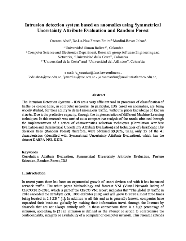 (PDF) Intrusion detection system based on anomalies using Symmetrical Uncertainty Attribute ...