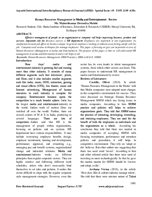 (PDF) Human Resources Management in Media and Entertainment