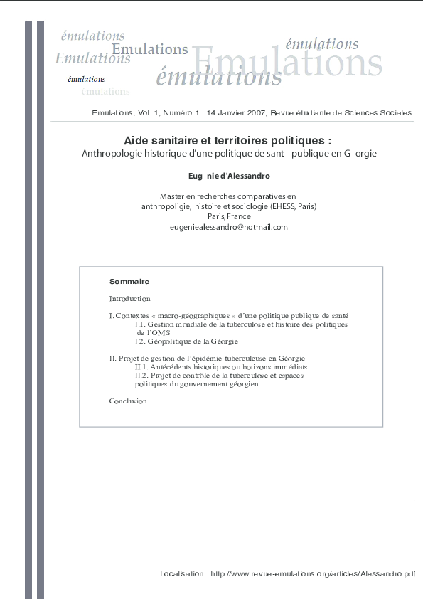 (PDF) Aide sanitaire et territoires politiques, Anthropologie ...