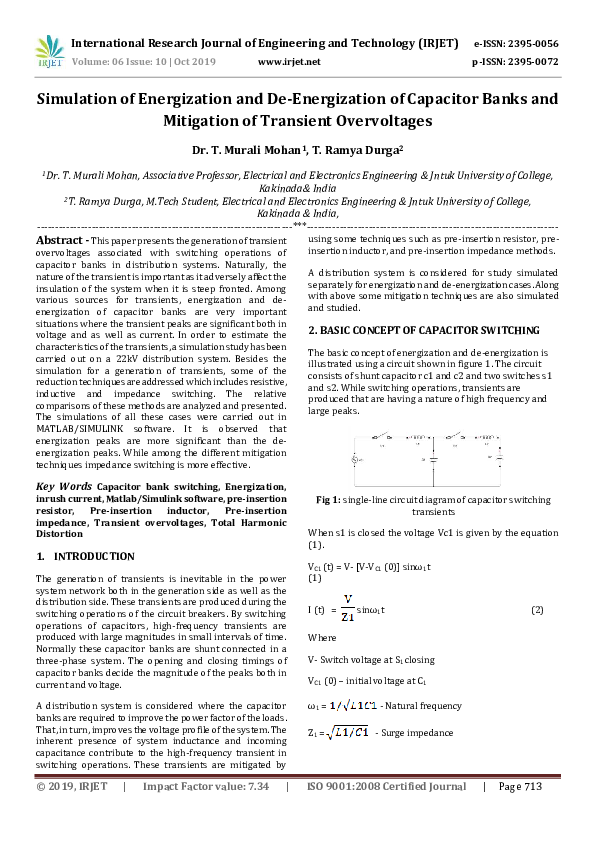 (PDF) IRJET- Simulation of Energization and De-Energization of Capacitor Banks and Mitigation of ...