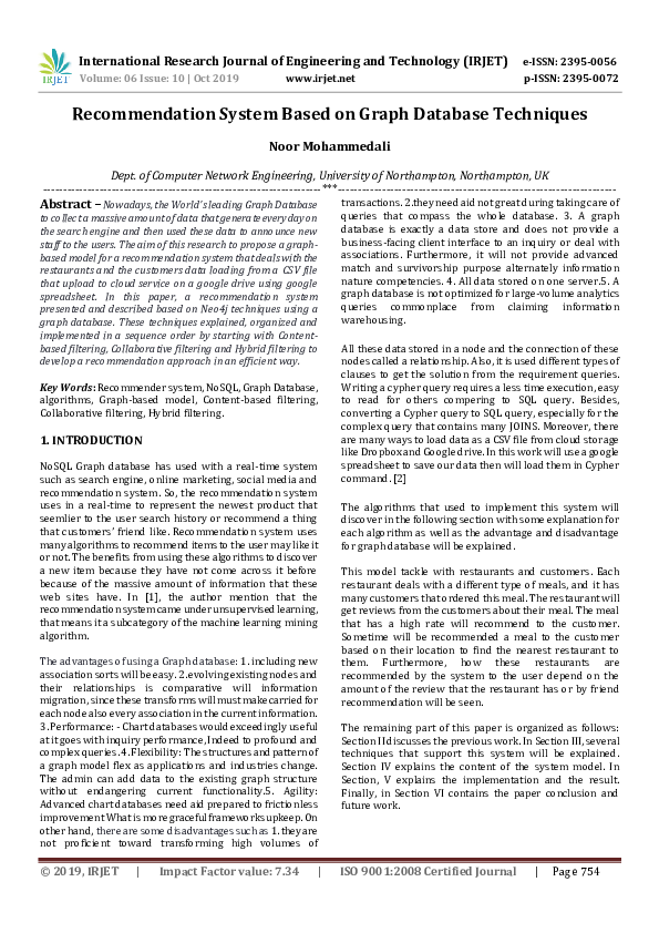 Pdf Recommendation System Based On Graph Database Techniques 