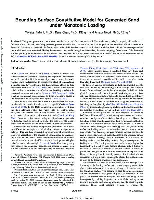 (PDF) Bounding Surface Constitutive Model for Cemented Sand under ...