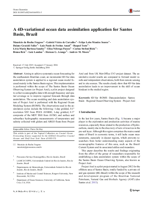 Pdf A 4d Variational Ocean Data Assimilation Application For Santos Basin Brazil