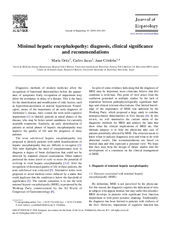 (PDF) Minimal hepatic encephalopathy: diagnosis, clinical significance ...