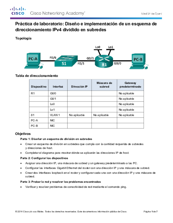 (PDF) .2.1.3 Lab - Designing and Implementing a Subnetted IPv4 Addressing Scheme