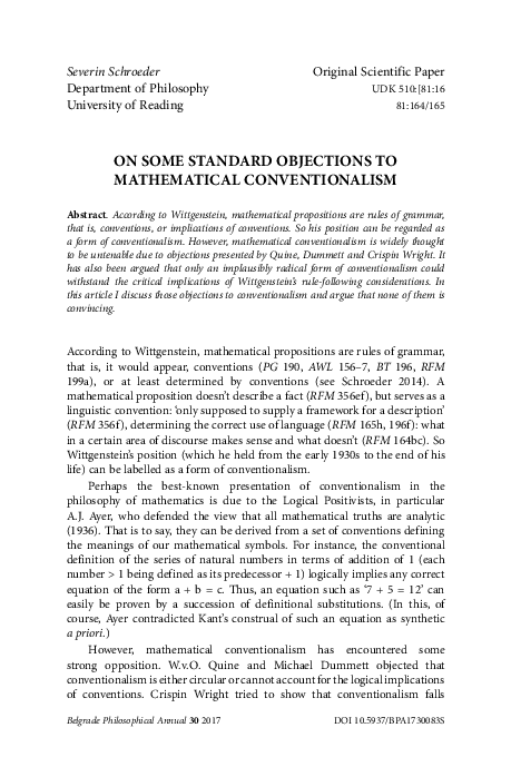 (PDF) On some Standard Objections to Mathematical Conventionalism