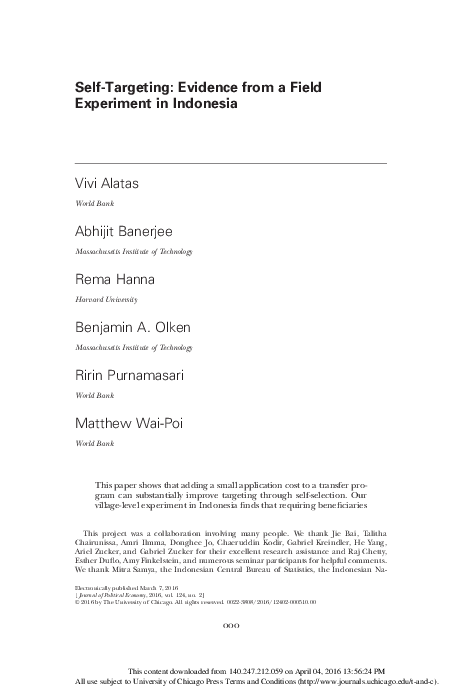 (PDF) Self-Targeting: Evidence from a Field Experiment in Indonesia ...