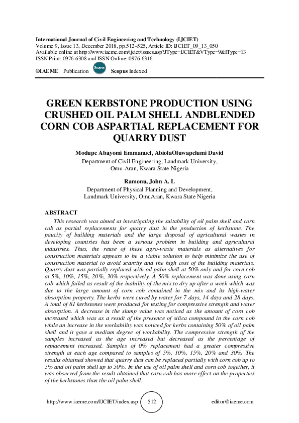 (PDF) GREEN KERBSTONE PRODUCTION USING CRUSHED OIL PALM SHELL AND ...