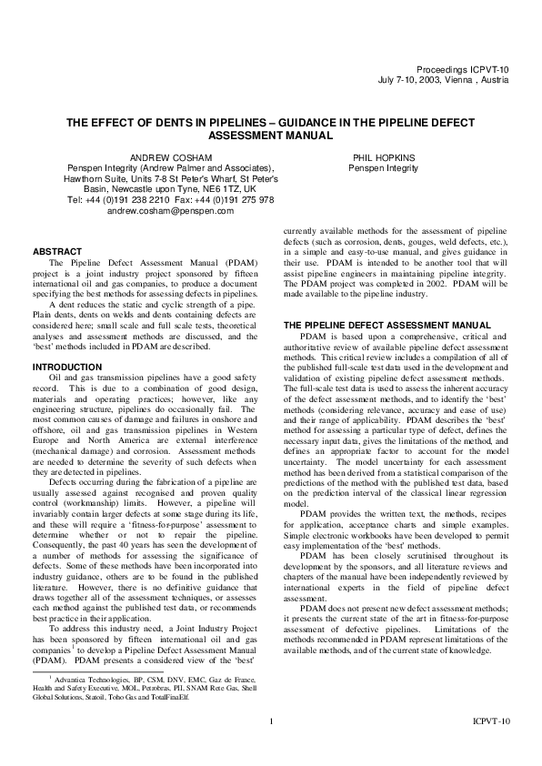 (PDF) THE EFFECT OF DENTS IN PIPELINES -GUIDANCE IN THE PIPELINE DEFECT ASSESSMENT MANUAL